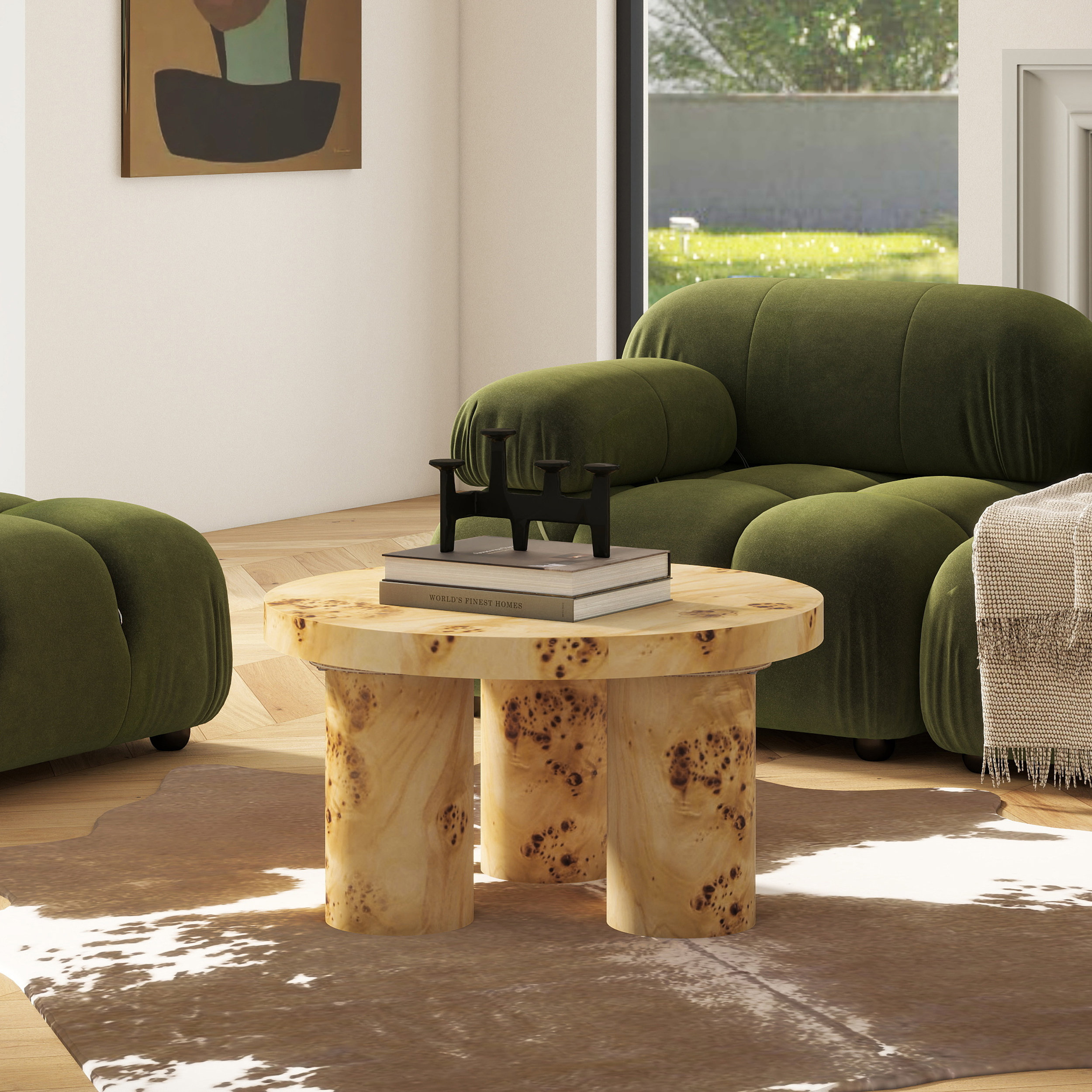 Nebula 28" Burl Wood Round Pillar Leg Coffee Table, Warm Natural Brown ...