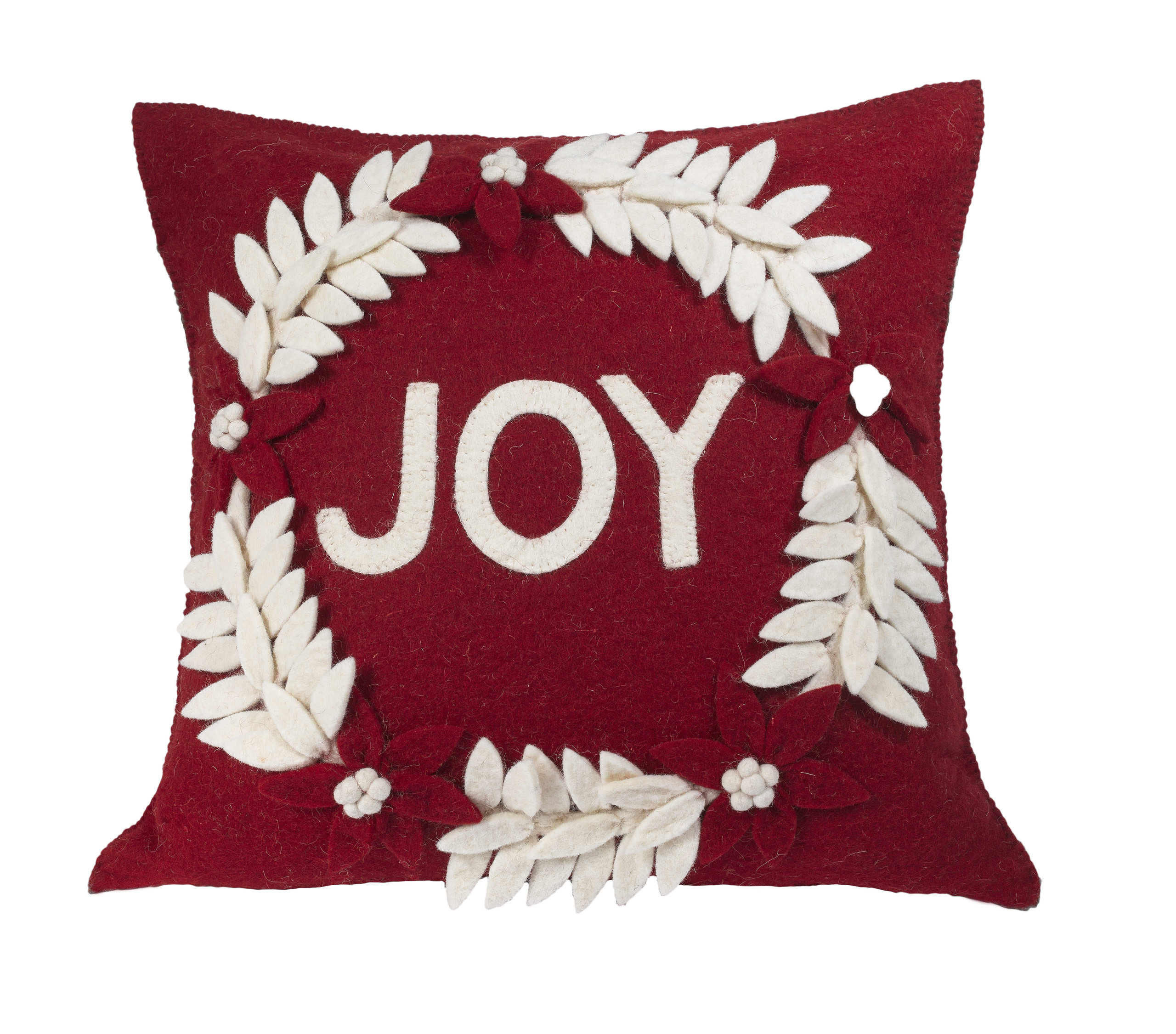 Hand Felted Wool Christmas Pillow Cover, JOY Wreath on Red, 20 ...