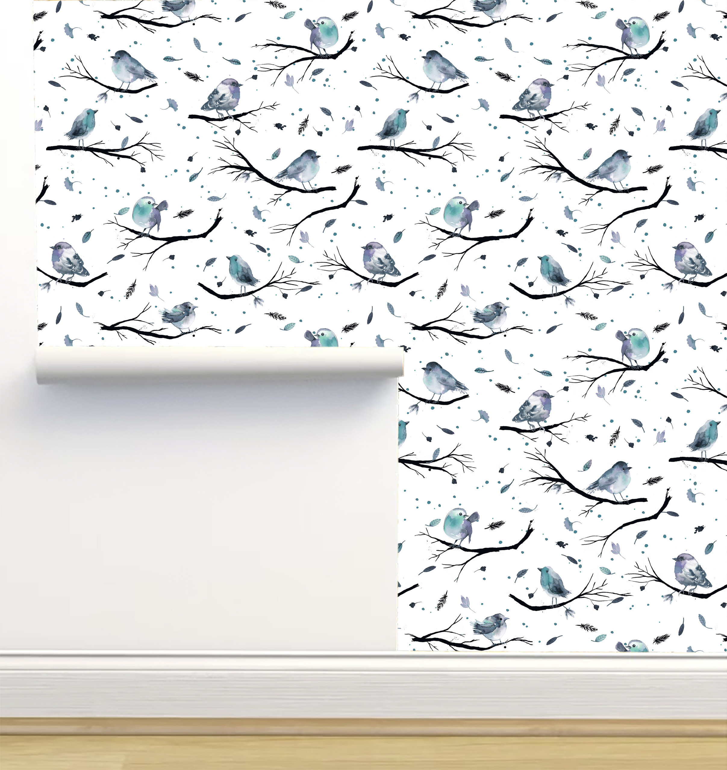 Birds Tree Branches Blue Wallpaper, 24"x72" - Contemporary - Wallpaper ...