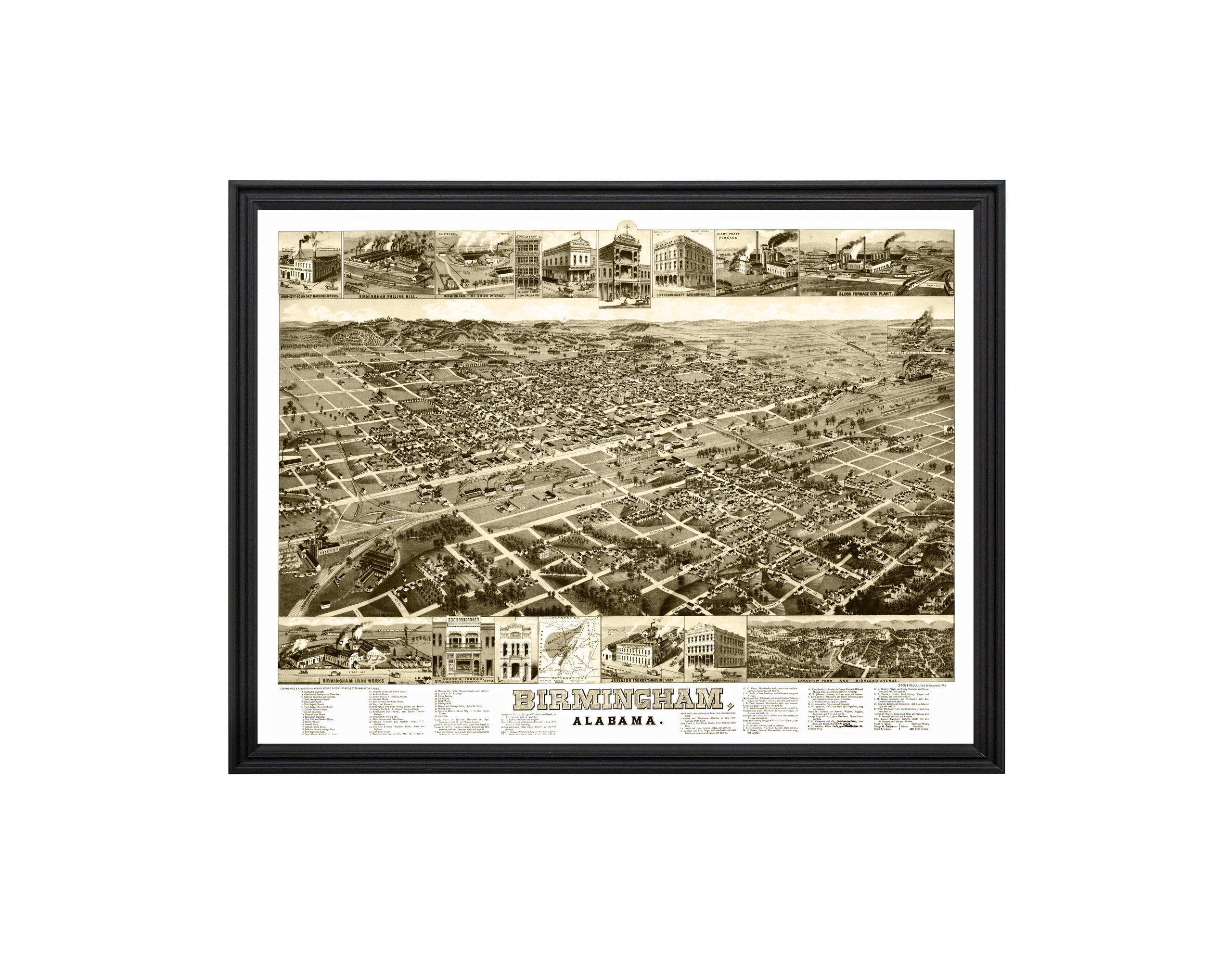 Birmingham Map Framed Art 1885, Vintage Alabama Wall Decor, 36x24 ...
