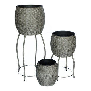 Plutus Brands Planter Set Of Three, Gray Polyurethane - Tropical ...