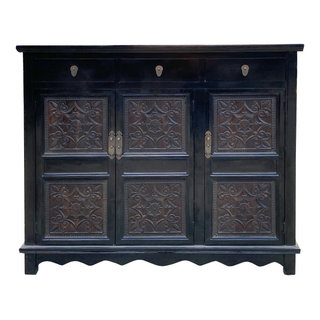 Asian Black Flower Motif Carving Side Table Credenza Storage Cabinet ...