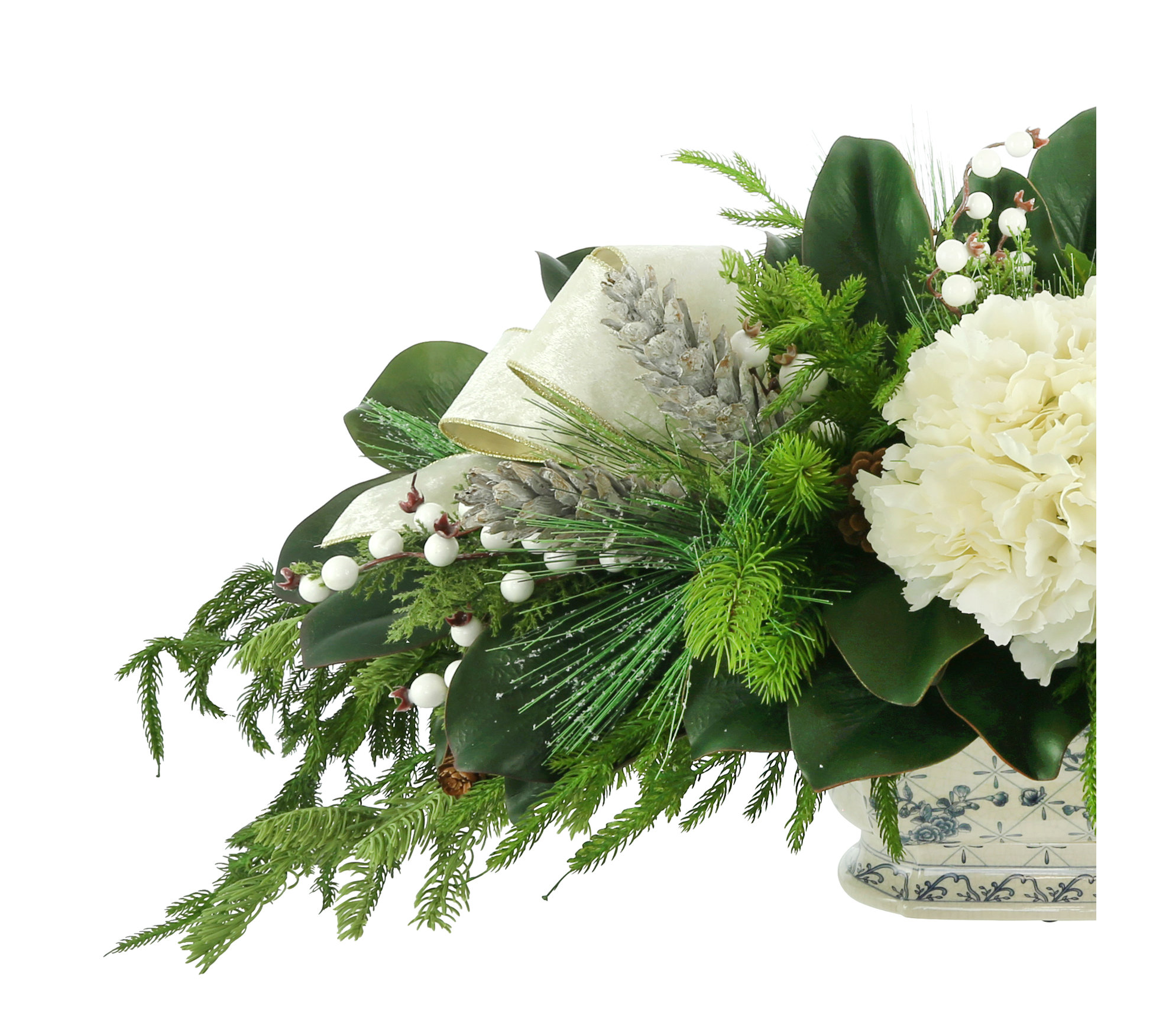 Holiday Hydrangea Centerpiece with Pine, Berries and Bows ...