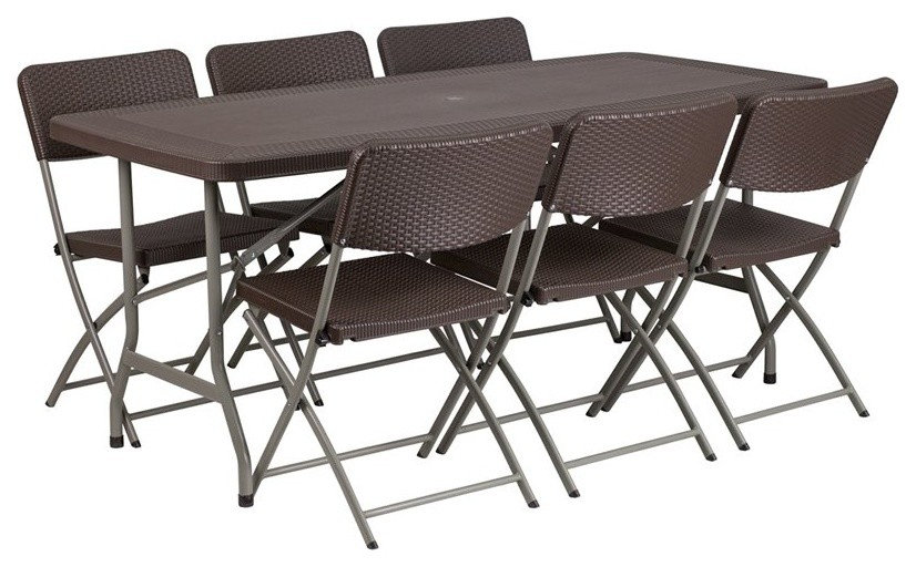 7-Piece 32"x67" Brown Rattan Table Set - Tropical - Outdoor Dining Sets ...