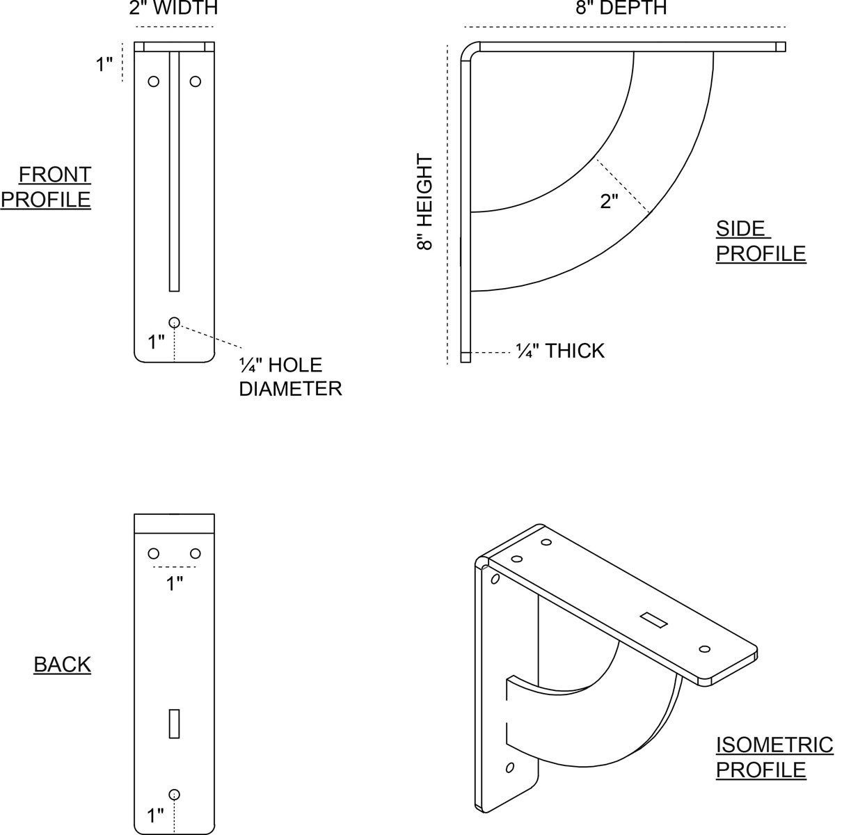 1 1/2"Wx5 1/2"Dx8"H Edwards Wrought Iron Bracket, Single Center Brace ...