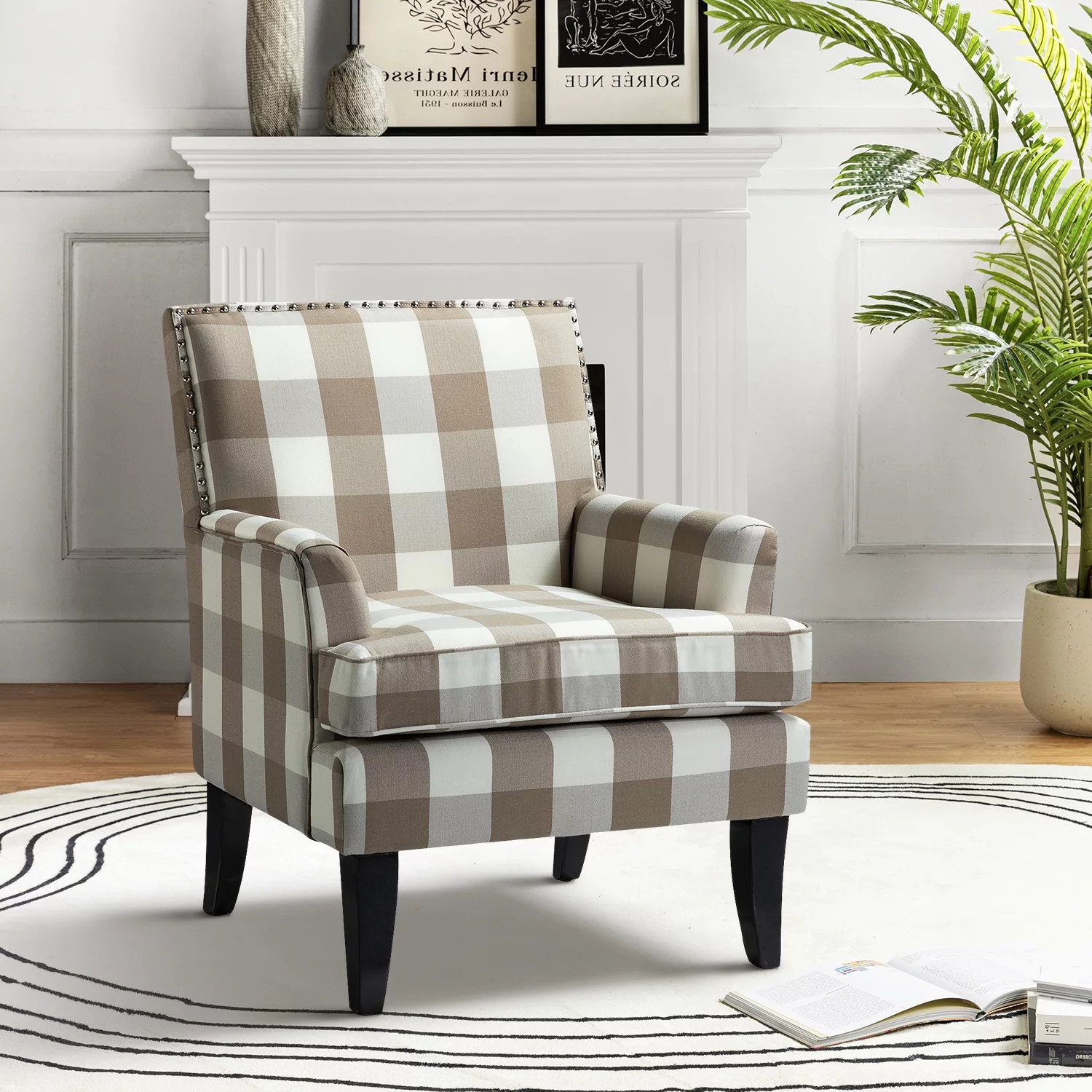 Classic Plaid Armchair with Nailhead Detail and Sturdy Wood Legs ...