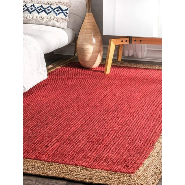 Handmade Braided Jute Rug with Red Accents, Farmhouse Style, Pure Jute ...