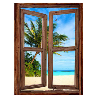Beach Cabin Window Mural #2 One Piece Peel & Stick CANVAS Wall Mural ...