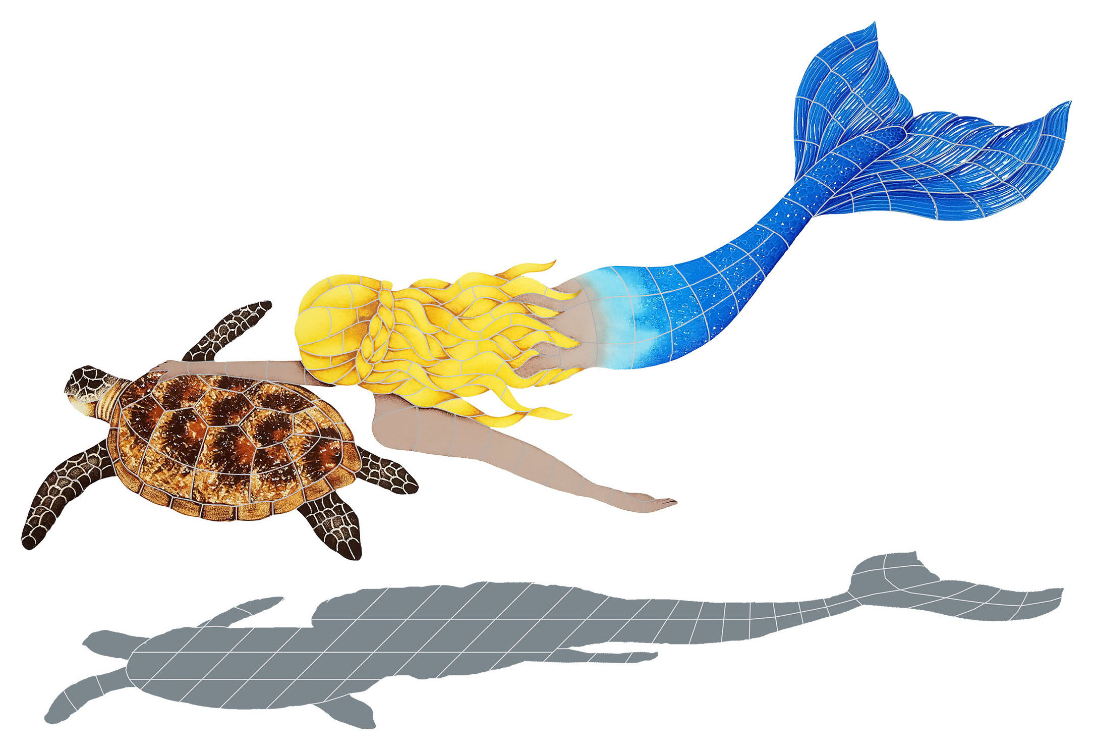 Mermaid with Turtle Ceramic Swimming Pool Mosaic, 41"x60" With Shadow ...