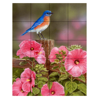 Tile Mural Kitchen Backsplash Bluebird With Hibiscus-WV, 17" W x 21.25 ...