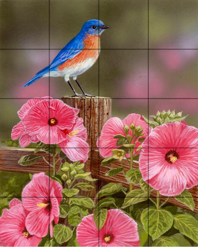 Tile Mural Kitchen Backsplash Bluebird With Hibiscus-WV, 17" W x 21.25 ...
