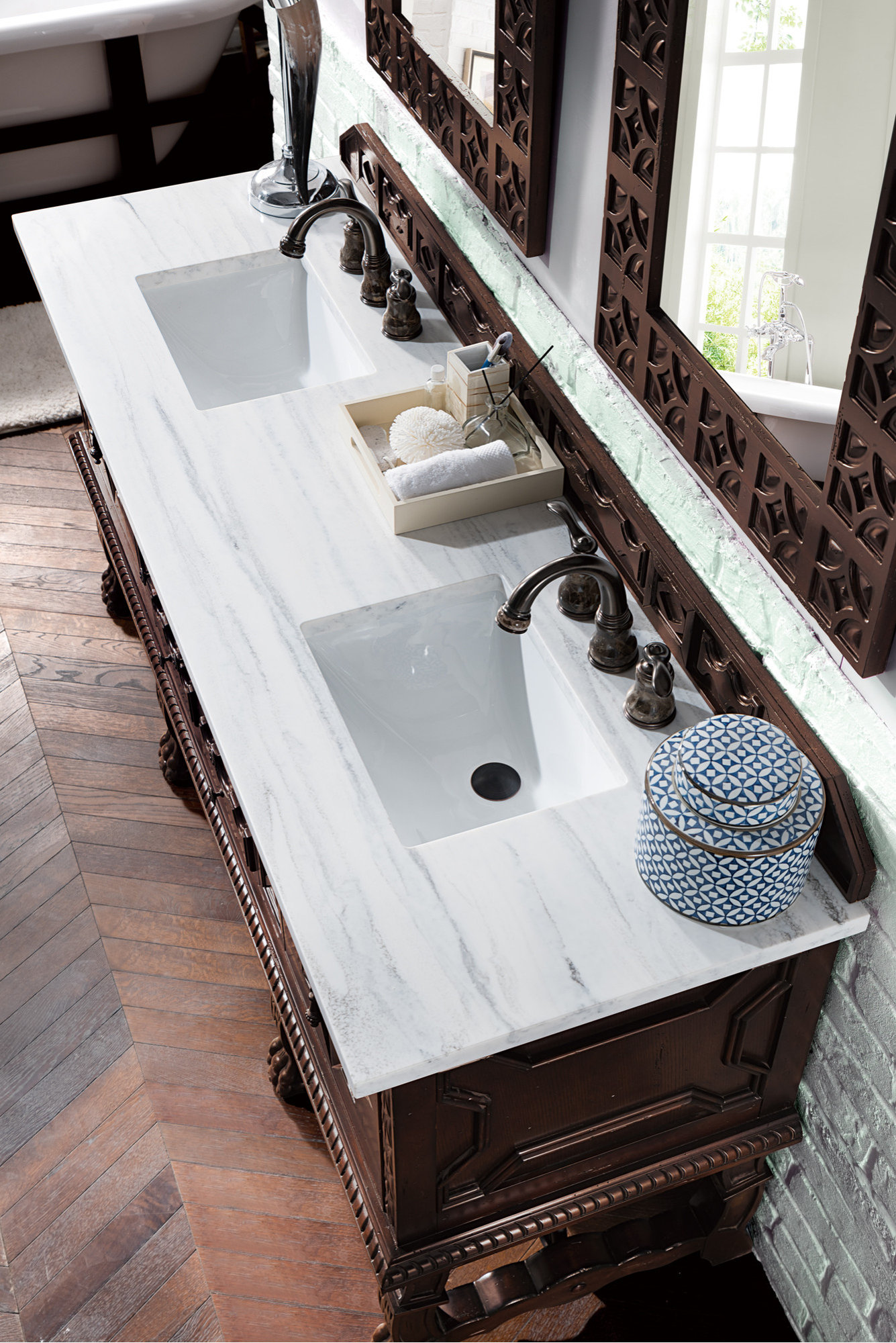 Balmoral 72" Antique Walnut Double Vanity, Arctic Fall Solid Surface ...