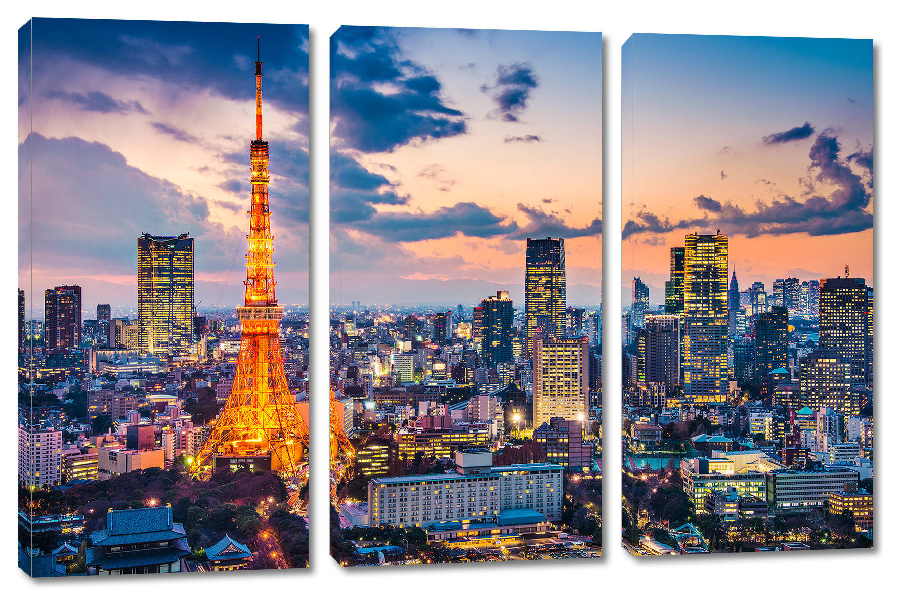 Tokyo, Japan Evening Skyline Canvas Print Wall Art, 3 Panel Split ...