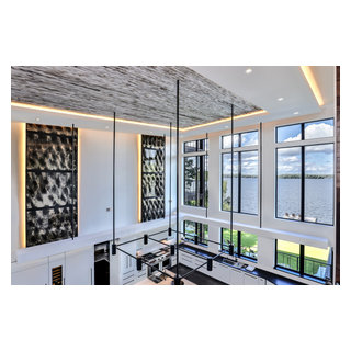 Modern Lake House - Kitchen / Gathering Room & Tall Wall Lake View from ...