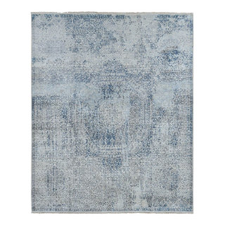 Cloud Gray, Pure Silk, Broken and Erased Design Hand Knotted Rug, 8'3 ...