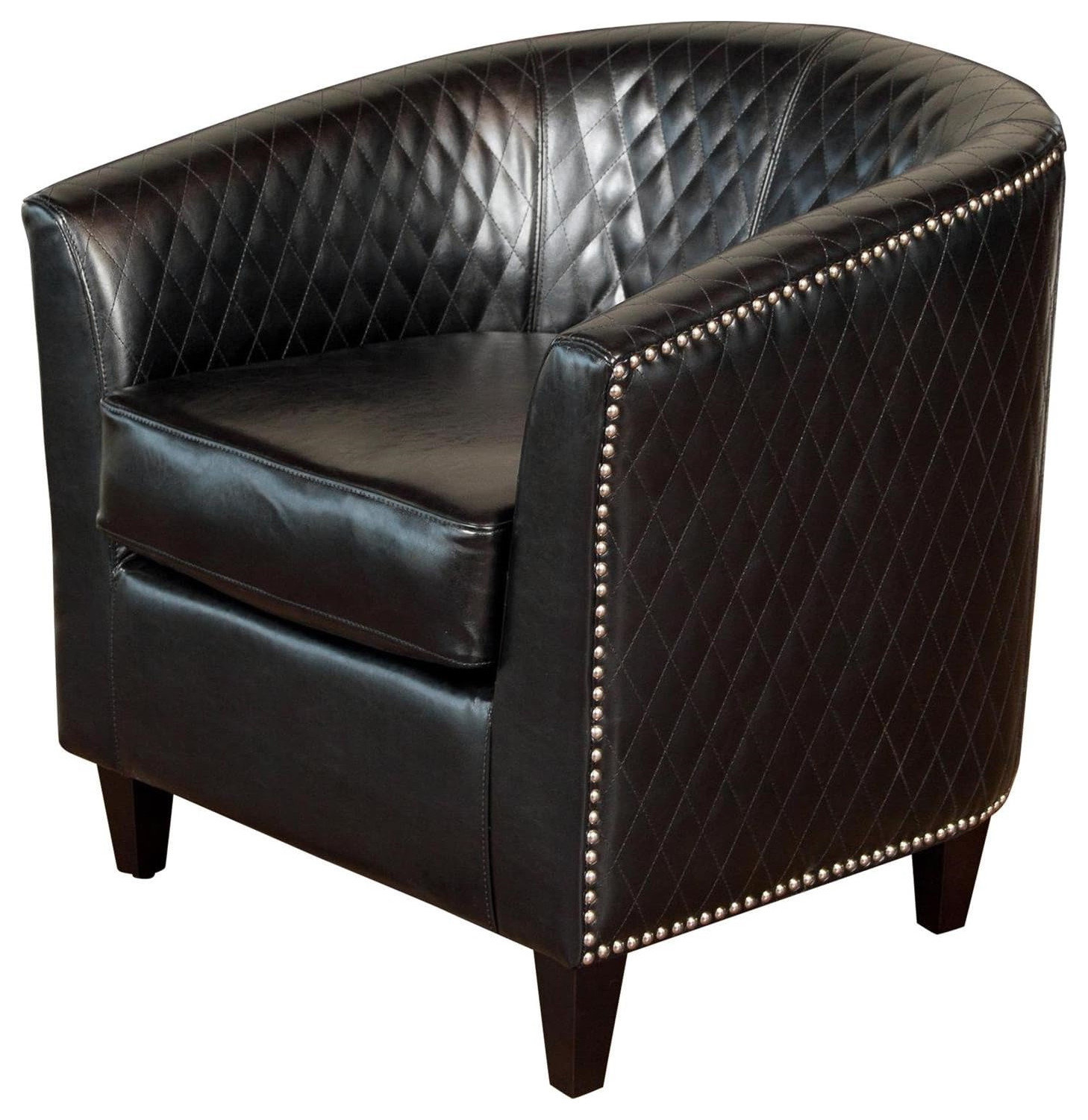 Elegant Black Bonded Leather Club Chair With Quilted Back and Studded ...