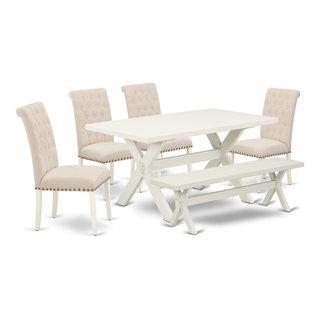 6-Piece Table Set, Light Beige Seat Chairs, Bench and Top Table, Linen ...