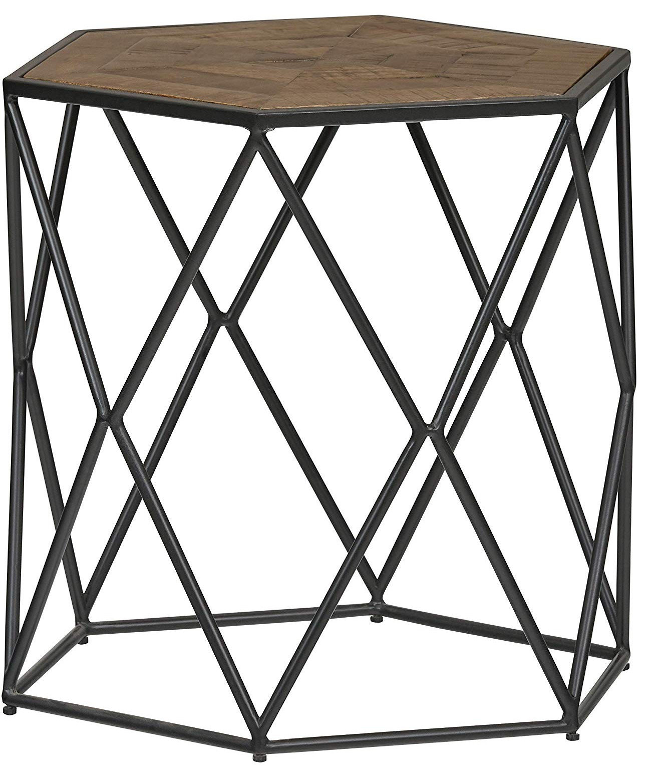 Hexagonal Side Table With Solid Wood Top & Black Metal Frame ...