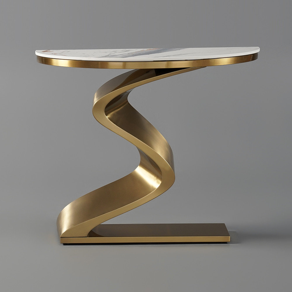 39.4" White/Gold Curved Console Table With Sintered Stone Top Half Moon ...