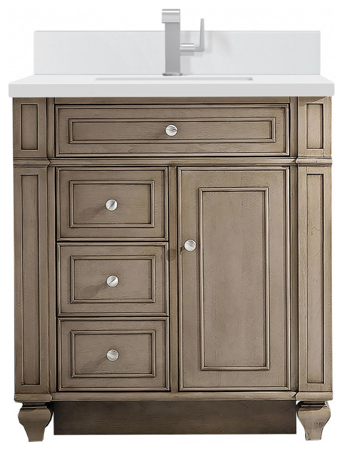 30" Whitewashed Walnut Single Sink Bath Vanity White Quartz, James ...