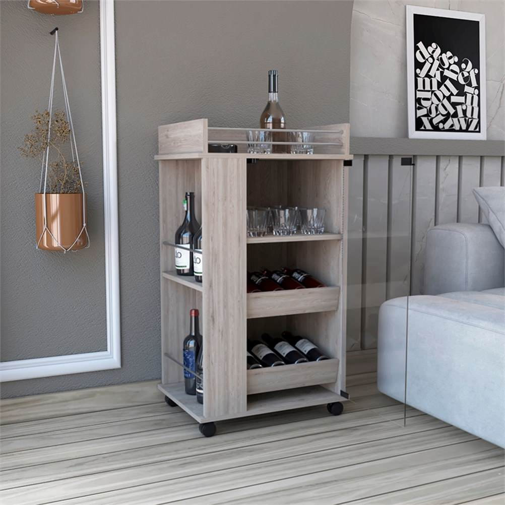 Pemberly Row Modern Engineered Wood Bar Cart with 2-Side Shelves in ...