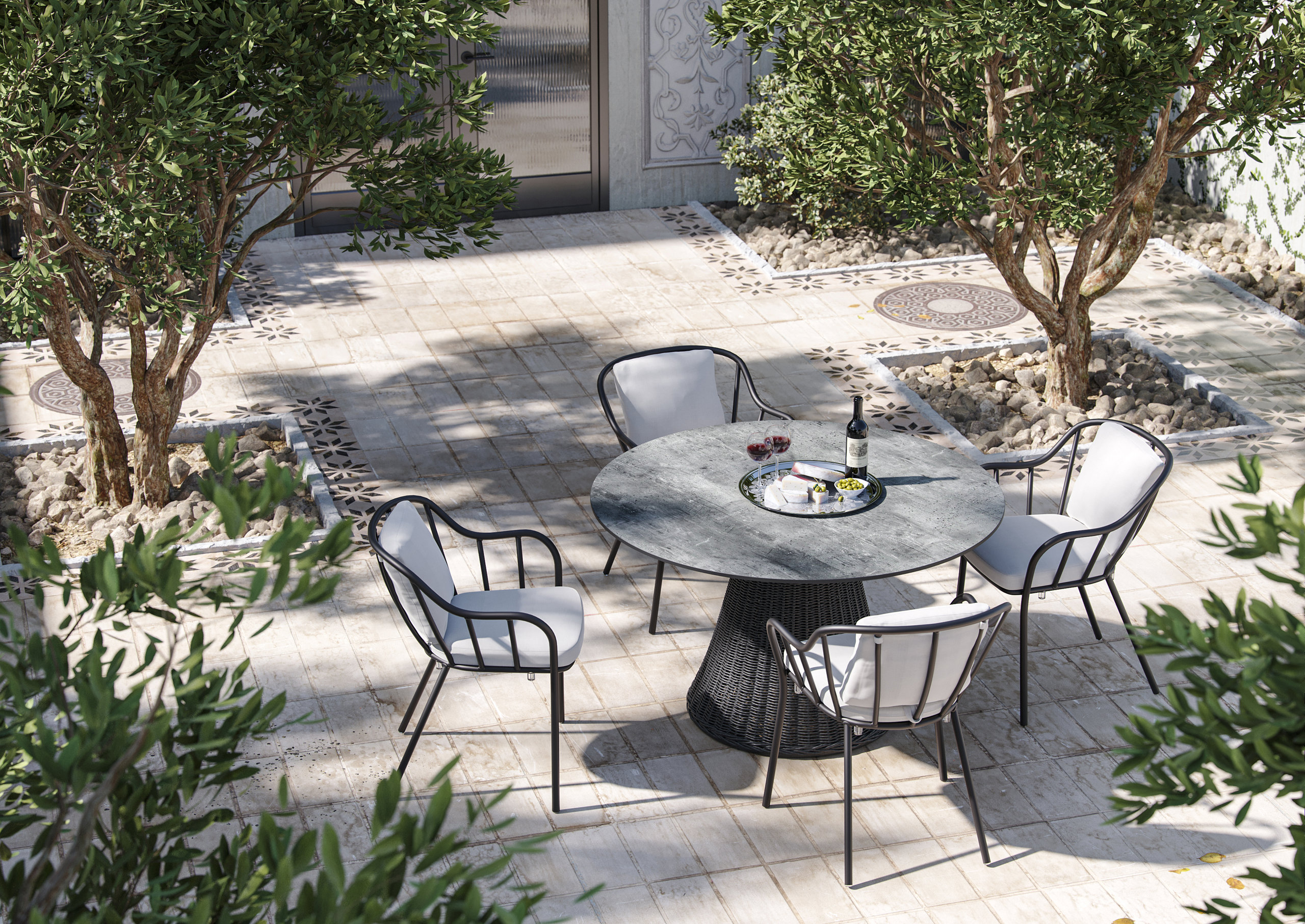 Tulle 48" Round Dining Table, Skyline HPL Top, Shadow Resin Wicker Base ...