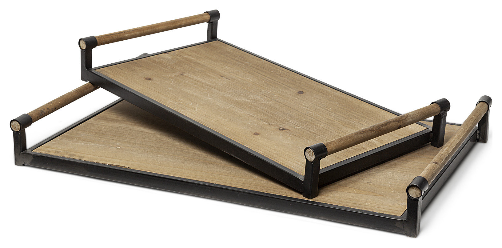 Set of 2 Light Brown Wood With Matte Black Metal Frame And Two Handles ...