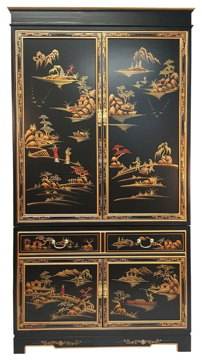 Oriental Armoire, Antique Black With Rich Gold Landscape - Asian ...
