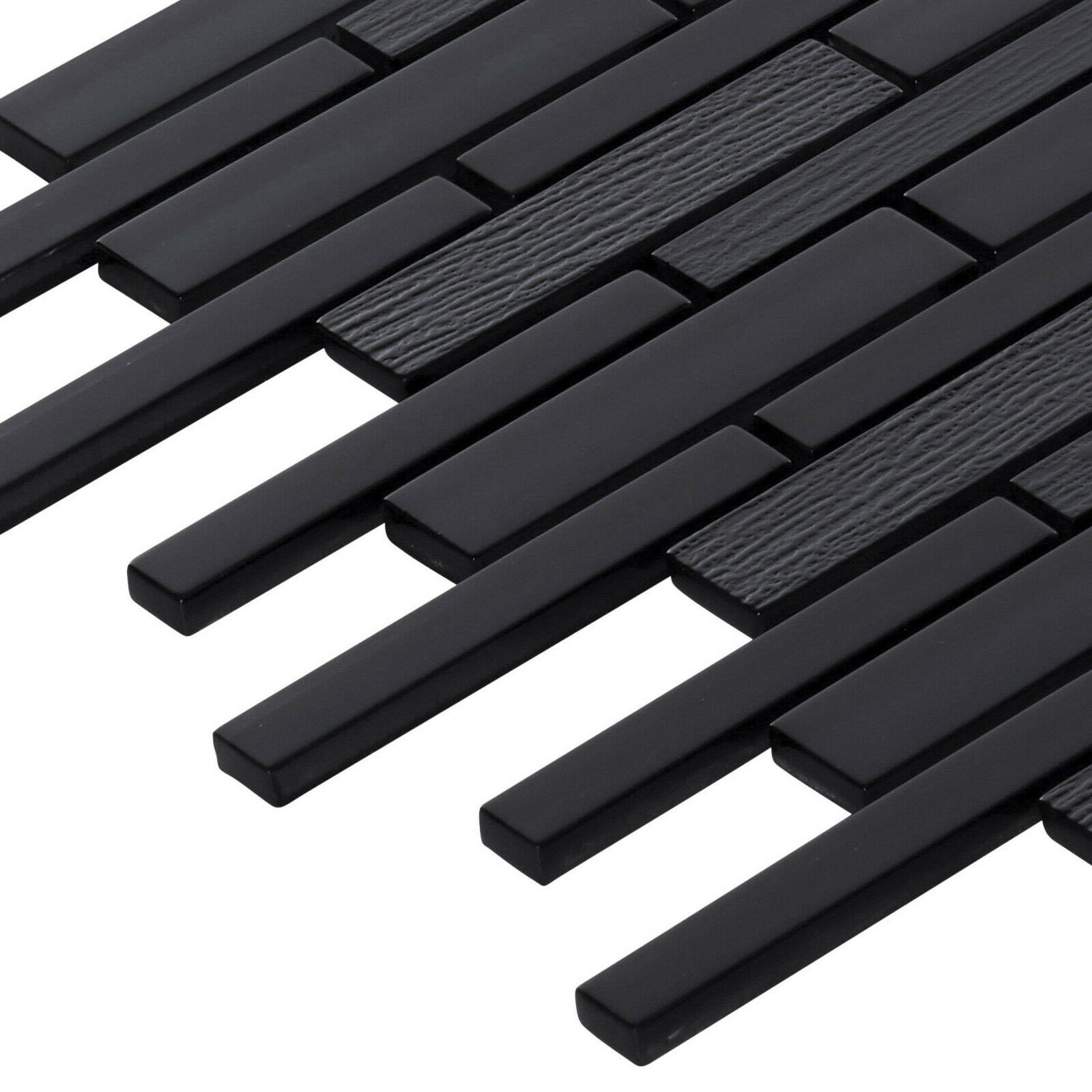 Modket Black Crystal Glass Textured Blend Linear Mosaic Tile Backsplash ...