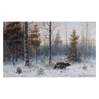 Tile Mural Landscape winter forest snow bear Backsplash, 6" Marble ...