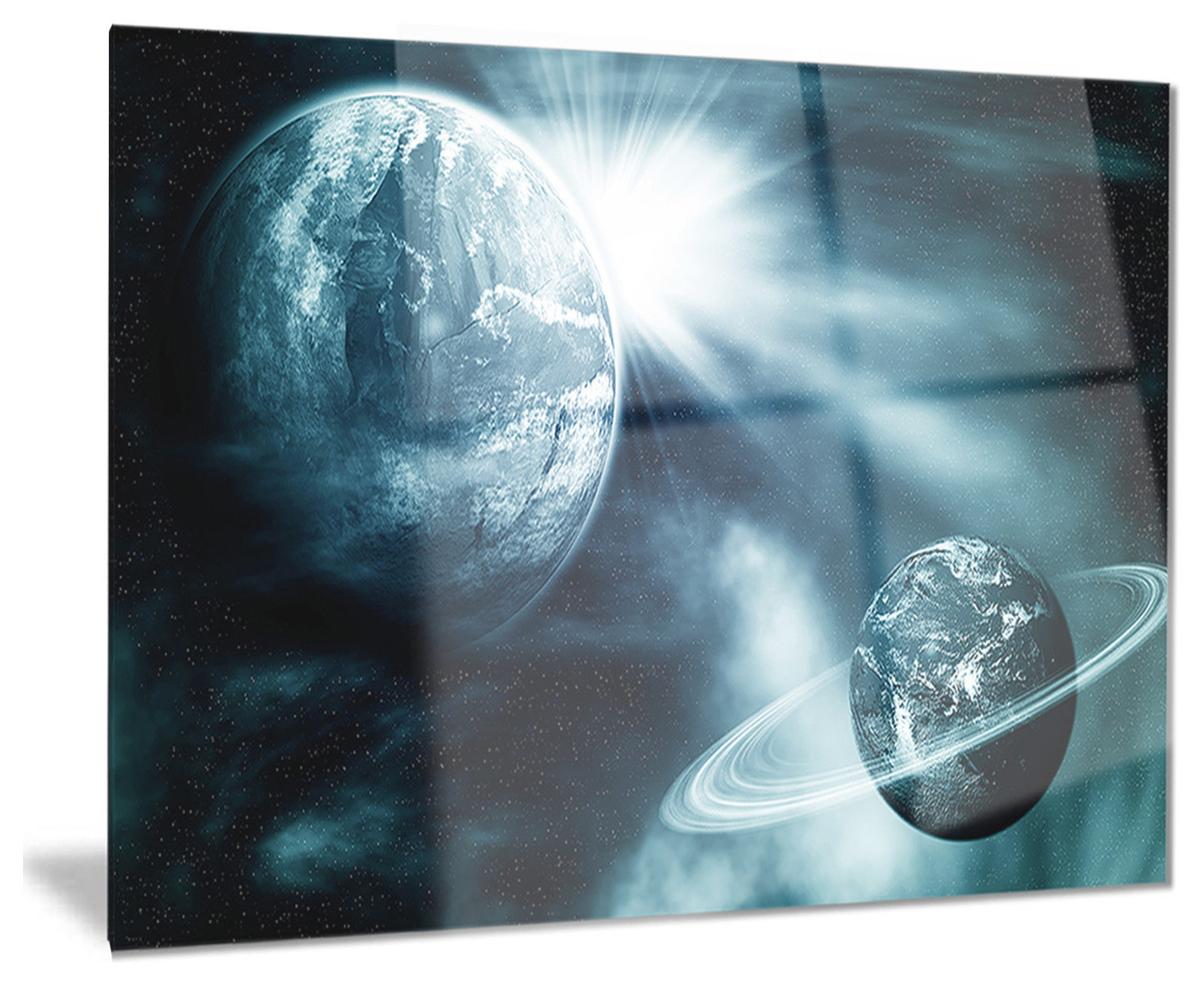 "Space View With Two Planets" Modern Spacescape Glossy Metal Wall Art ...