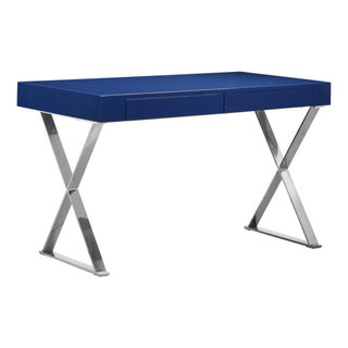 Rix 47" Office Desk, Navy Wood Top, 2 Drawers, X Polished Steel Legs ...