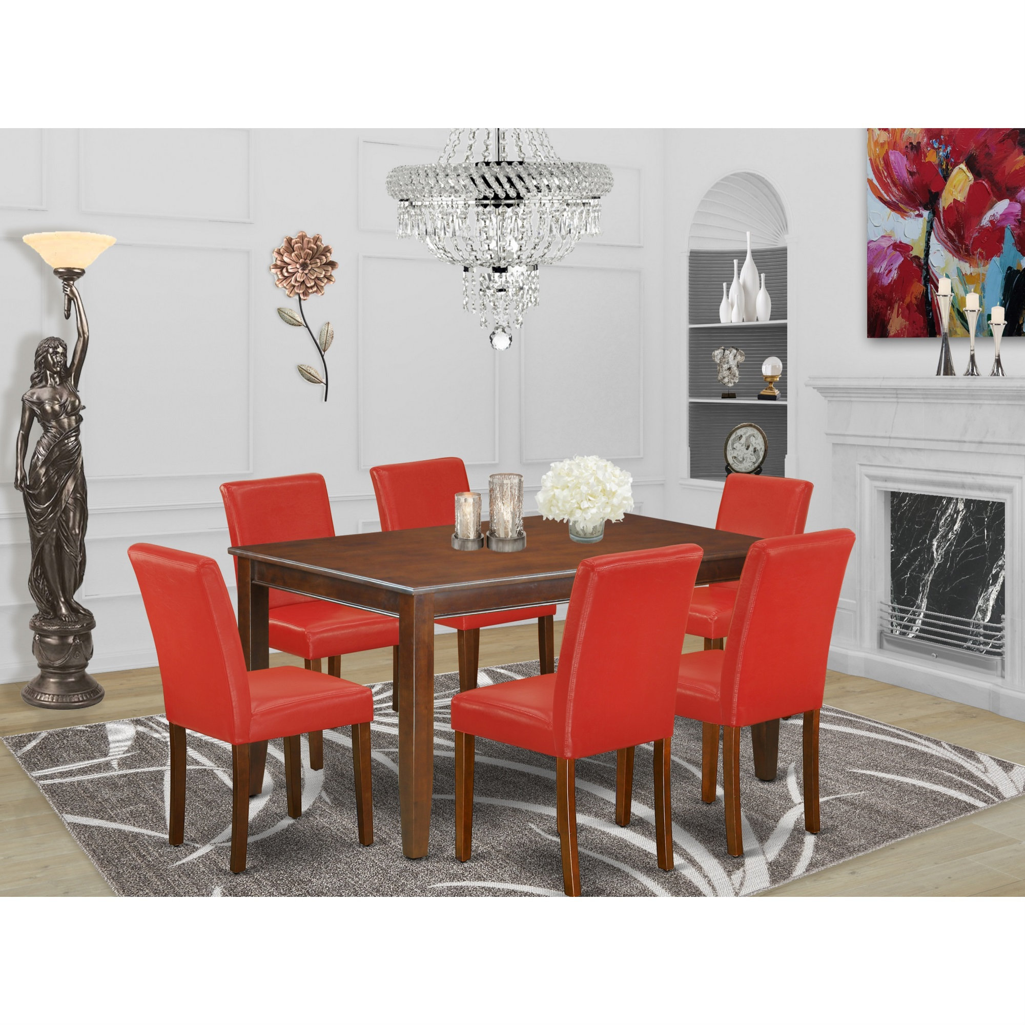 7-Piece 60" Table and 6 Parson Chair, Mahogany Leg and Pu Leather ...