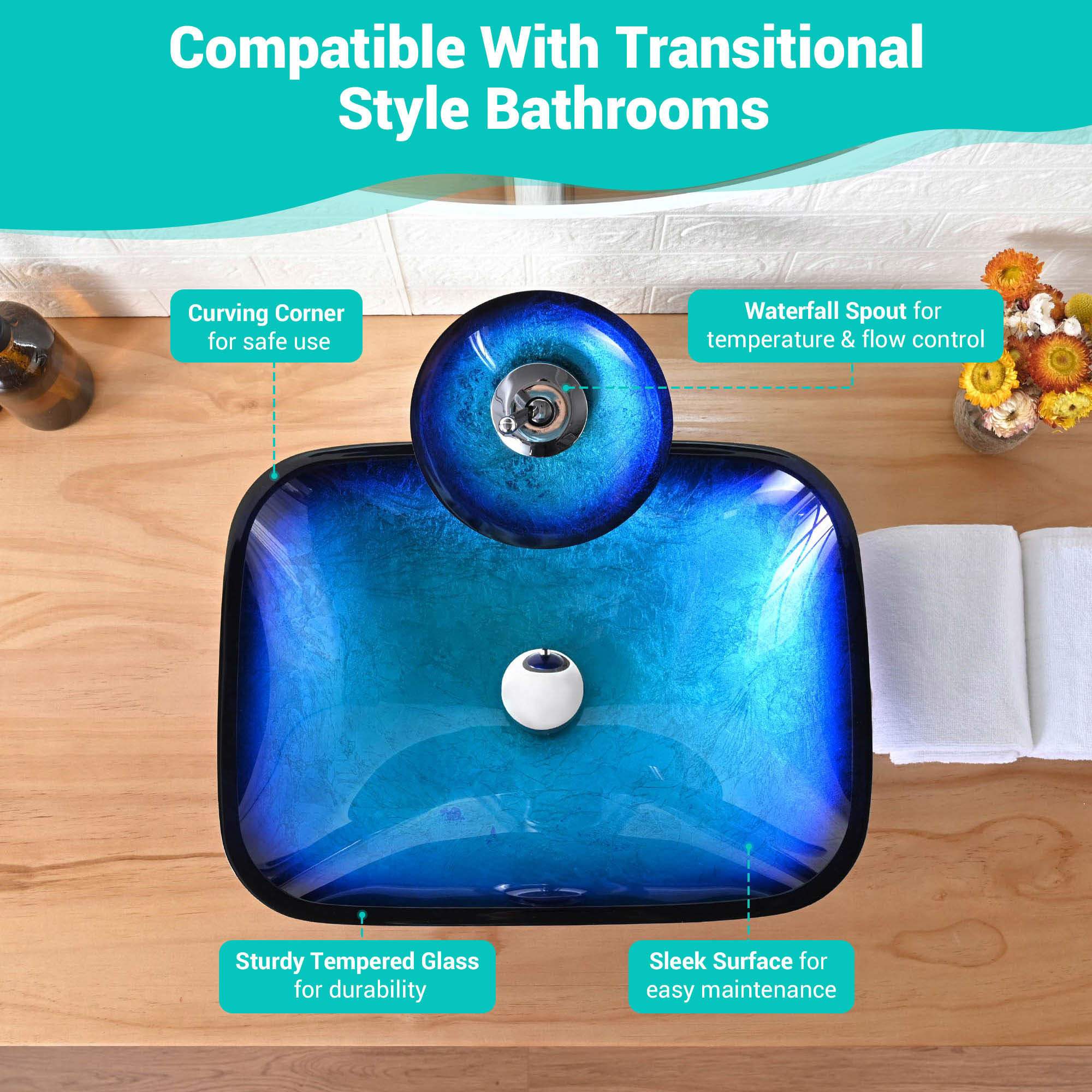Aquaterior 2 Packs Tempered Glass Sink Transitional Style Waterfall ...