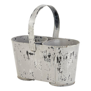 Farmhouse Style Distressed Double Metal Planter with Handle, White ...