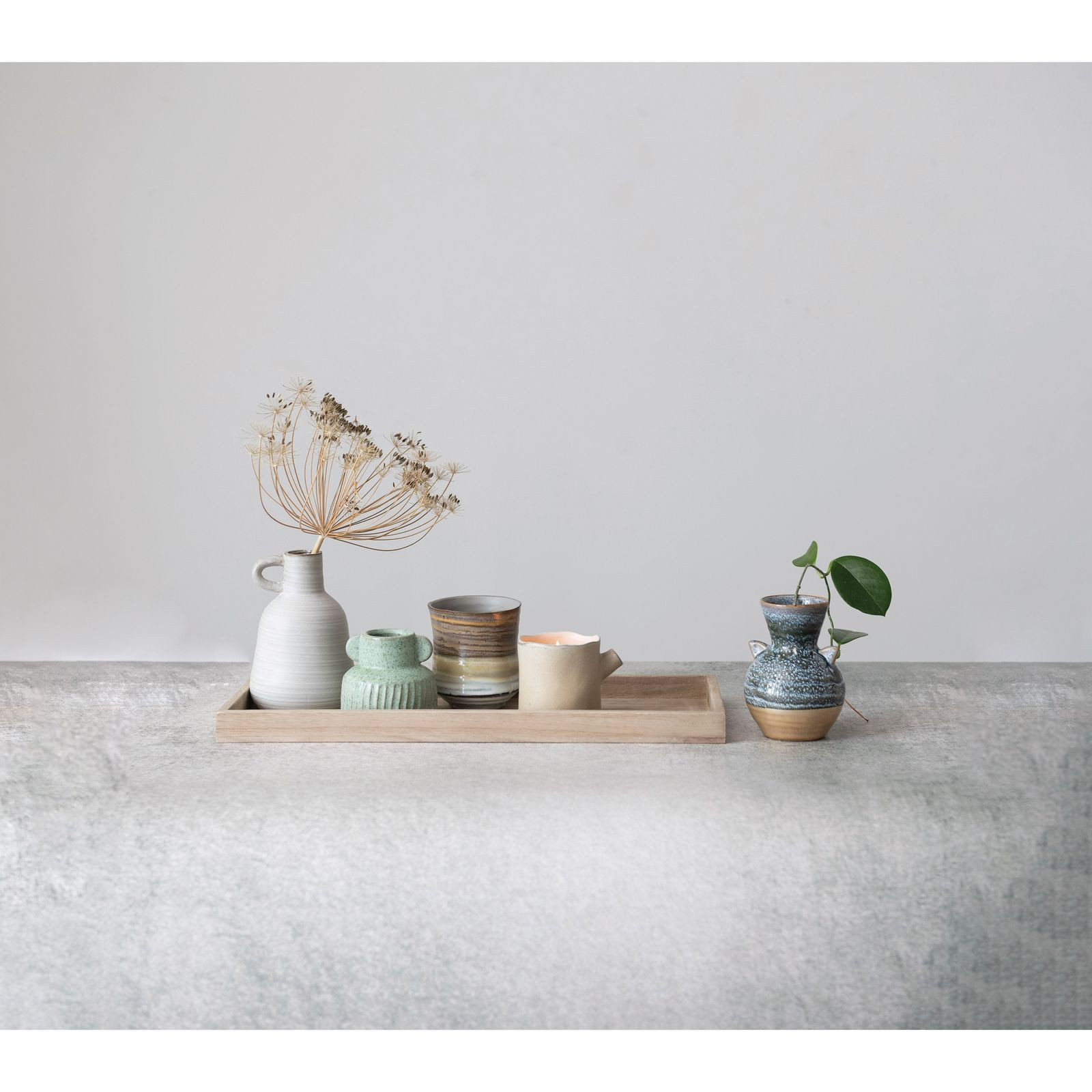 Mango Wood Tray with 3 Vases and 2 Planters, Multicolor Reactive Glaze ...