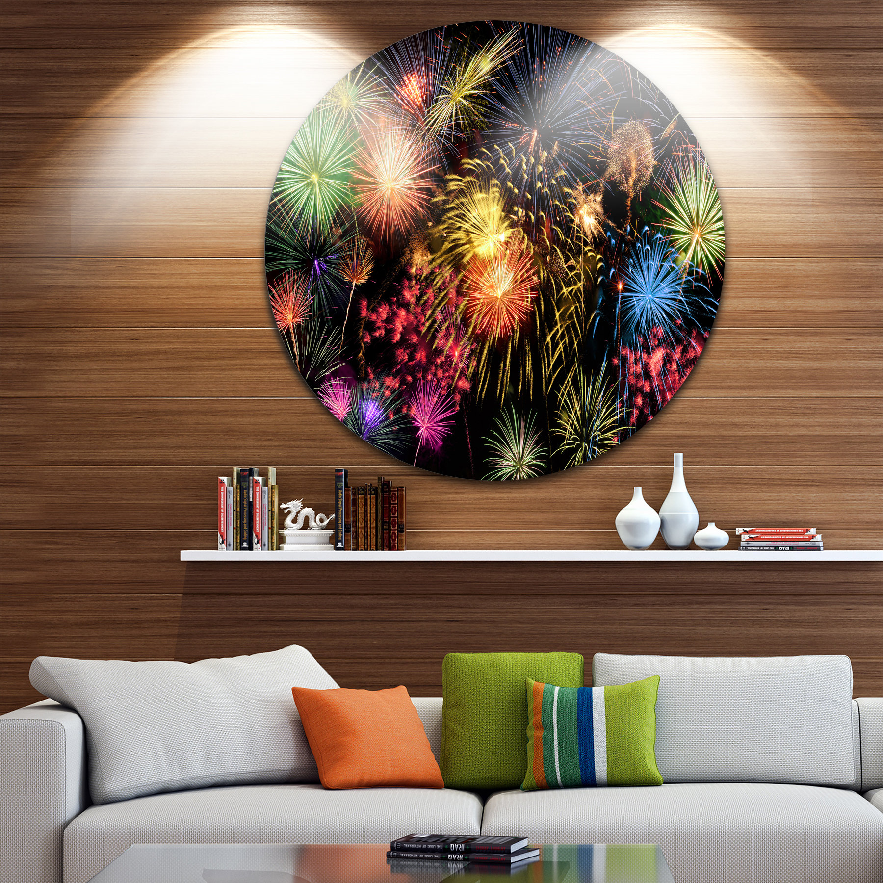 Colorful Fireworks at Night Sky, Skyscape Round Metal Wall Art, Disc of ...