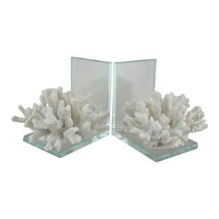 2-Piece White Coral On Glass Coastal Bookend Set, One Size - Beach ...
