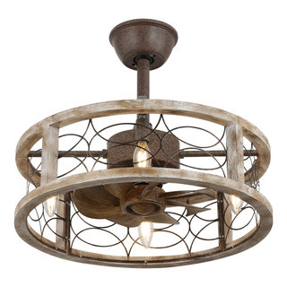 18” Farmhouse 4-Light Wood Caged Ceiling Fan with Lights and Remote ...
