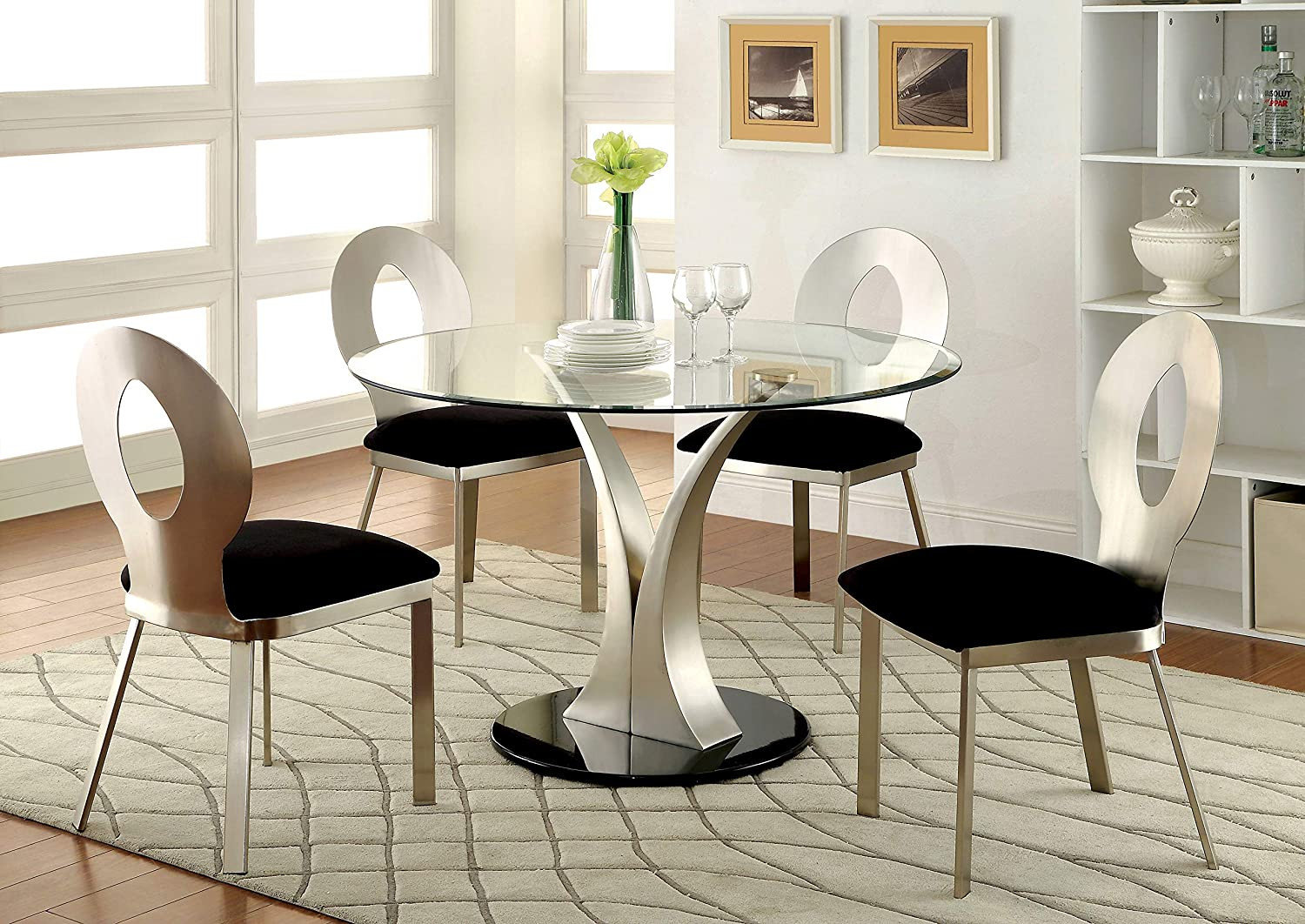 Elegant Silver & Black Round Dining Table with Tempered Glass Top ...
