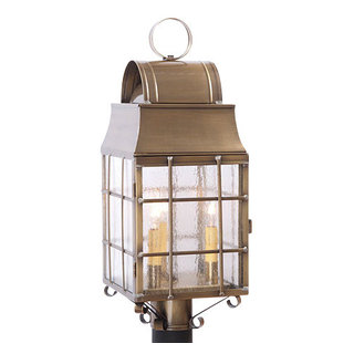 Outdoor Colonial Post Lantern With Handmade Bars, Weathered Brass ...