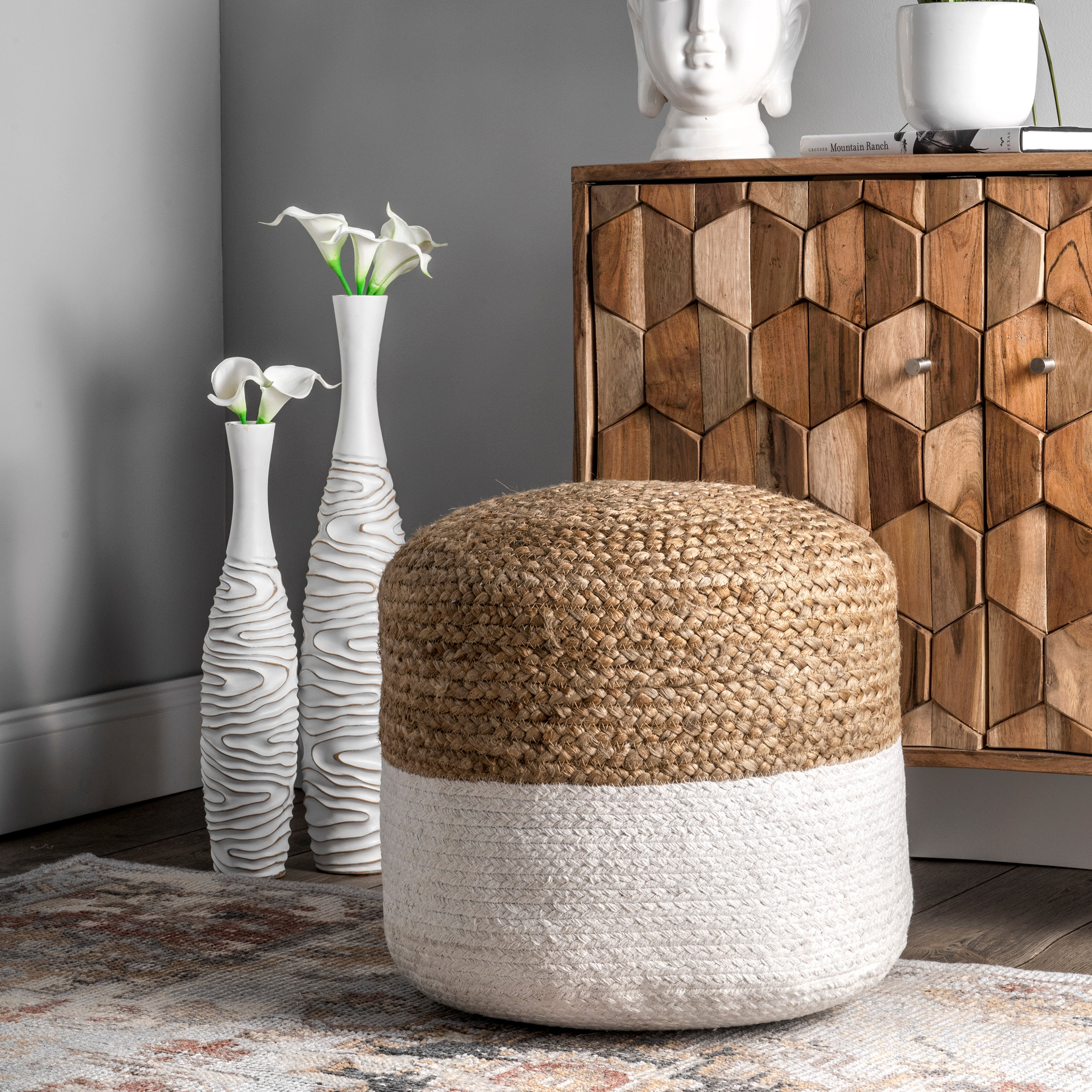 Nuloom Liana Braided Two Tone Jute Pouf, Natural - Beach Style - Floor Pillows And Poufs - by ...