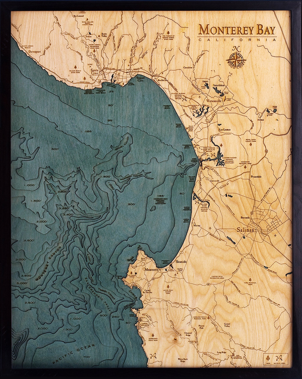 Monterey Bay, California 3-D Nautical Wood Chart - Contemporary - Wall ...
