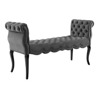 Lea Gray Chesterfield Style Button Tufted Performance Velvet Bench ...