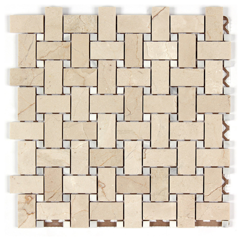Crema Marfil Polished Marble Basketweave With White Carrara Marble Dots ...