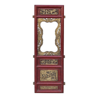 Vintage Chinese Red Golden Carving Rectangular Wood Wall Panel Art ...