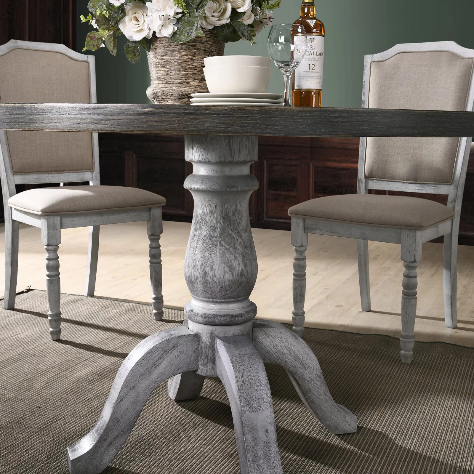Transitional Dining Table, Pedestal Base With Round Top, Weathered ...