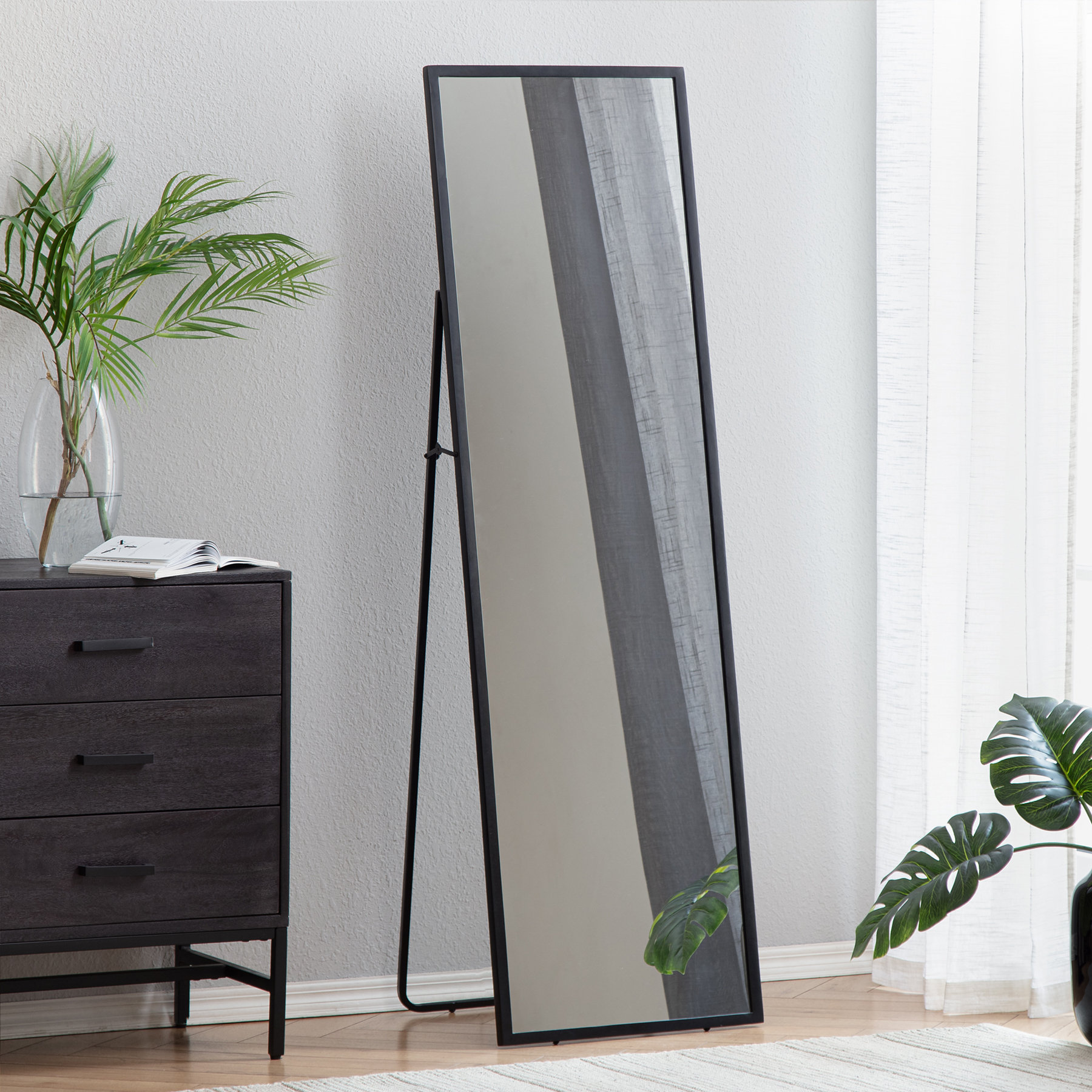 Carmen Black Rectangular Linear Mirror - Transitional - Floor Mirrors ...