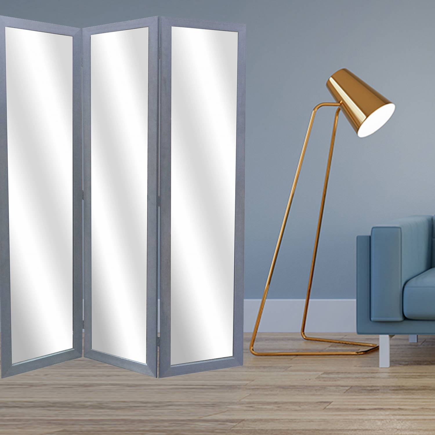 69" Black Wood and Mirrored Glass Folding Three Panel Screen Room ...