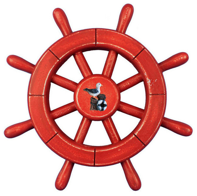 Rustic All Red Decorative Ship Wheel With Seagull 12'', Wooden Ship ...